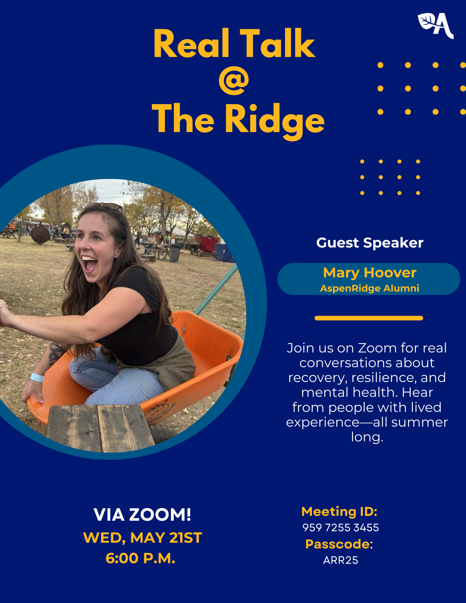 Speaker - Mary Hoover - May 21st - AspenRidge